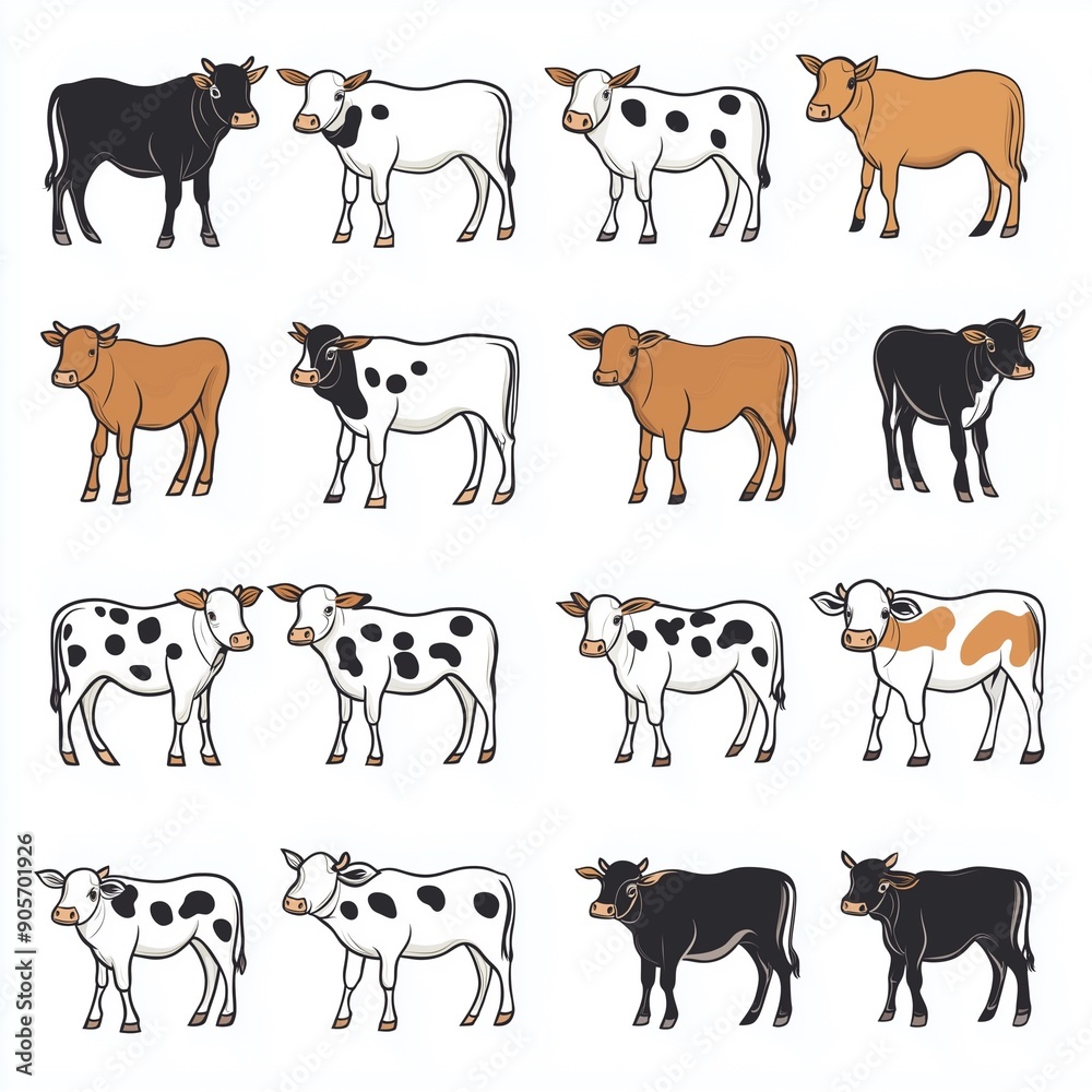 Cartoon cows in various colors walking left to right, showcasing ...