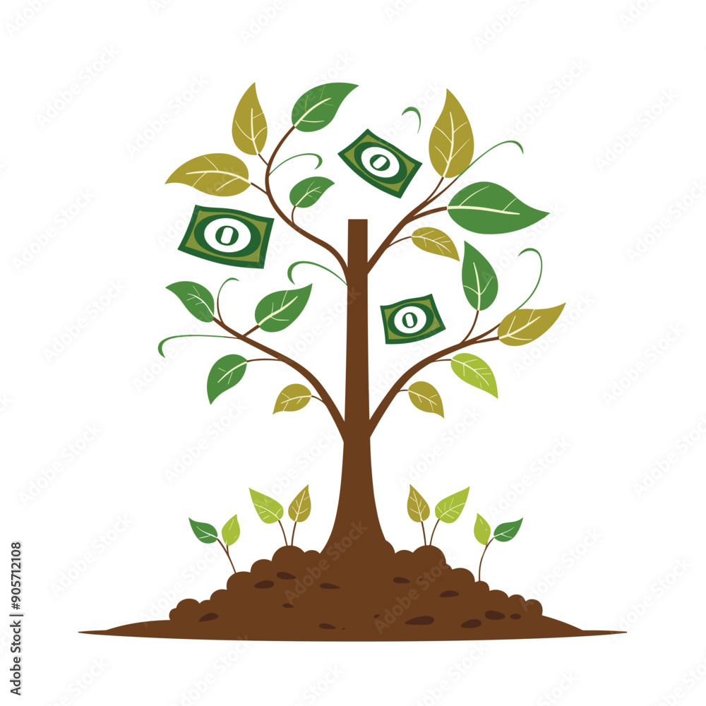 Cartoon tree adorned dollar bill leaves brown soil isolated white ...