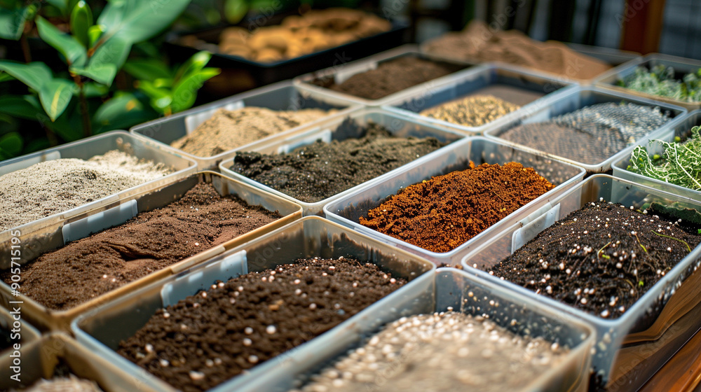A variety of soil types and substrates neatly arranged in plastic ...