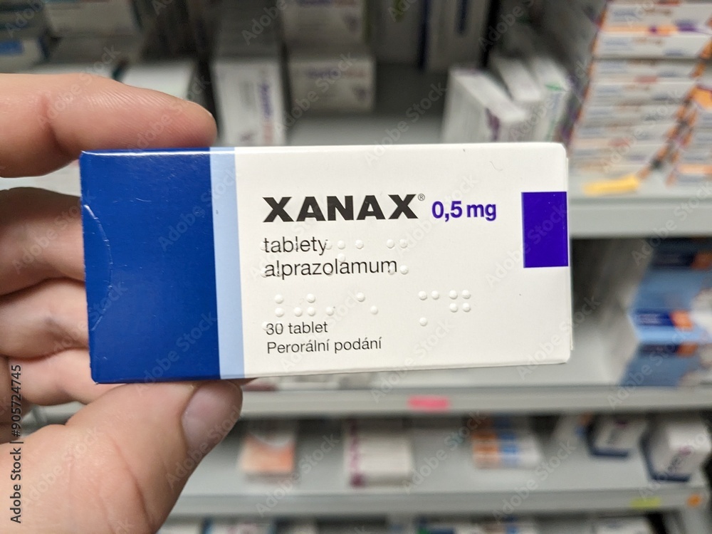 Prague, Czech Republic -August 2 2024: XANAX box of medication with ...
