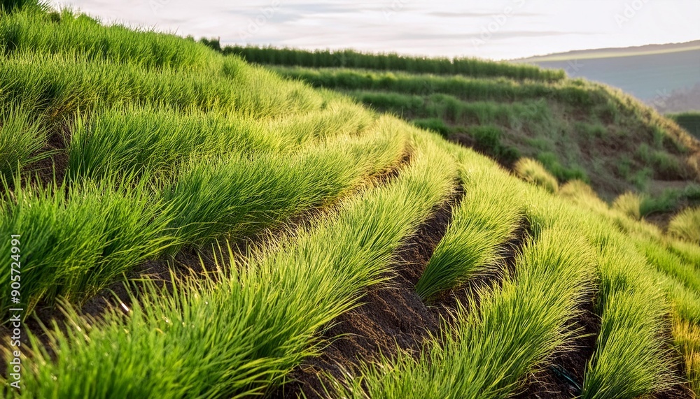 a close up view of a hillside planted with vetiver grass to prevent ...