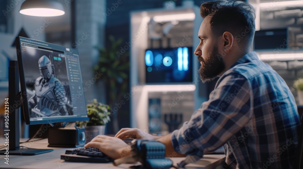 A male 3D designer uses a contemporary computer and 3D modeling ...