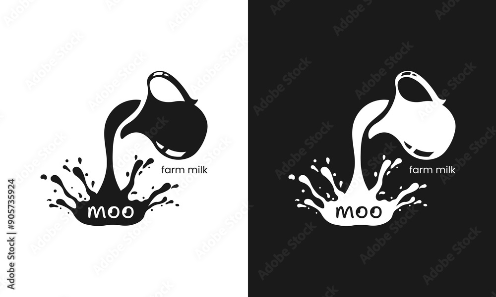 Logo for farm milk Moo with jug and flowing milk.Fresh milk label,badge ...