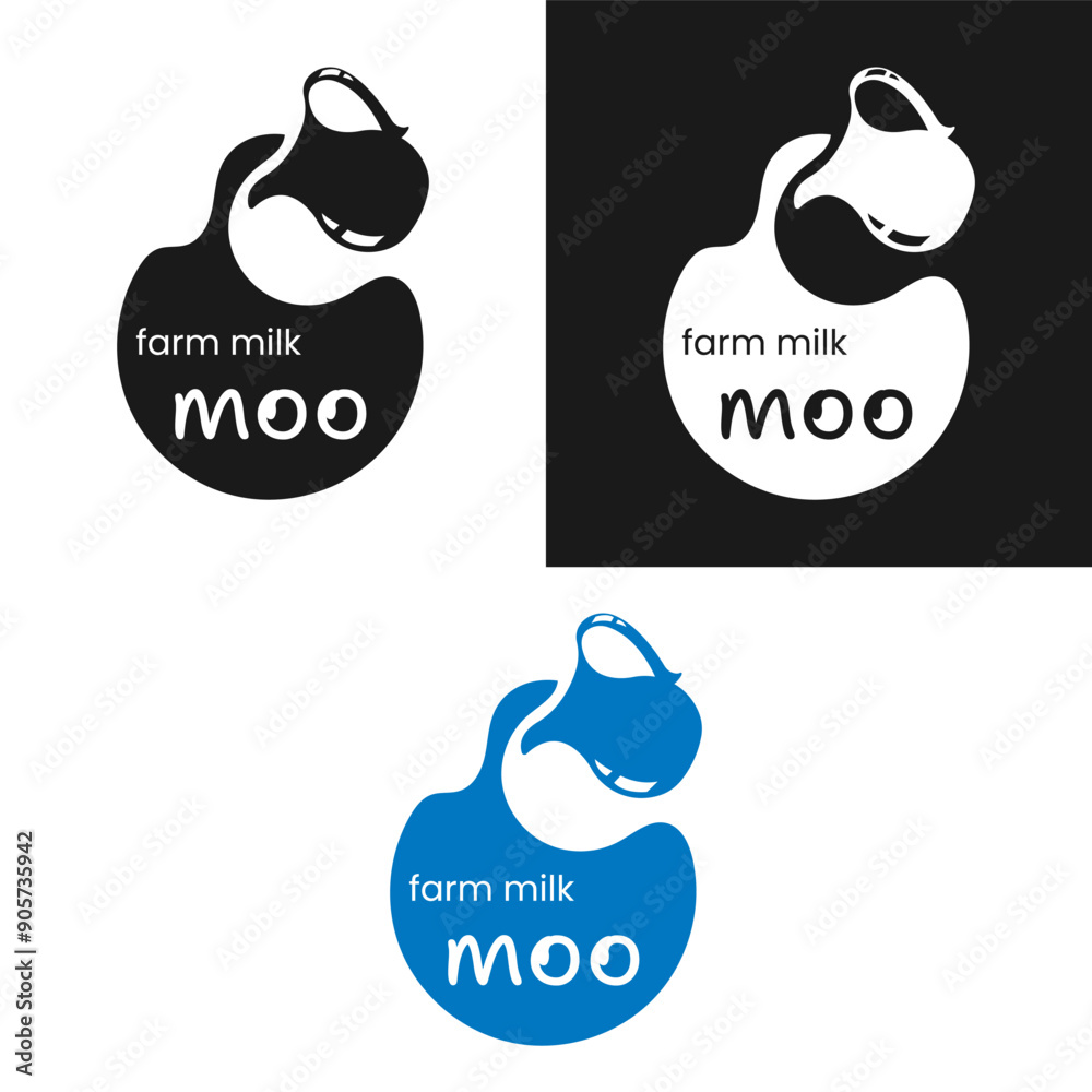 Logo for farm milk Moo with jug and flowing milk.Fresh milk label,badge ...