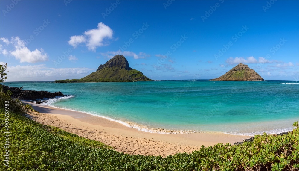 hidden beach with view of the mokes aka na mokulua with turquoise ...