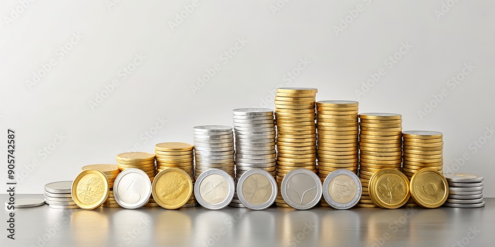 Euro Coins Stacked in Ascending Order, White Background, Gold and ...
