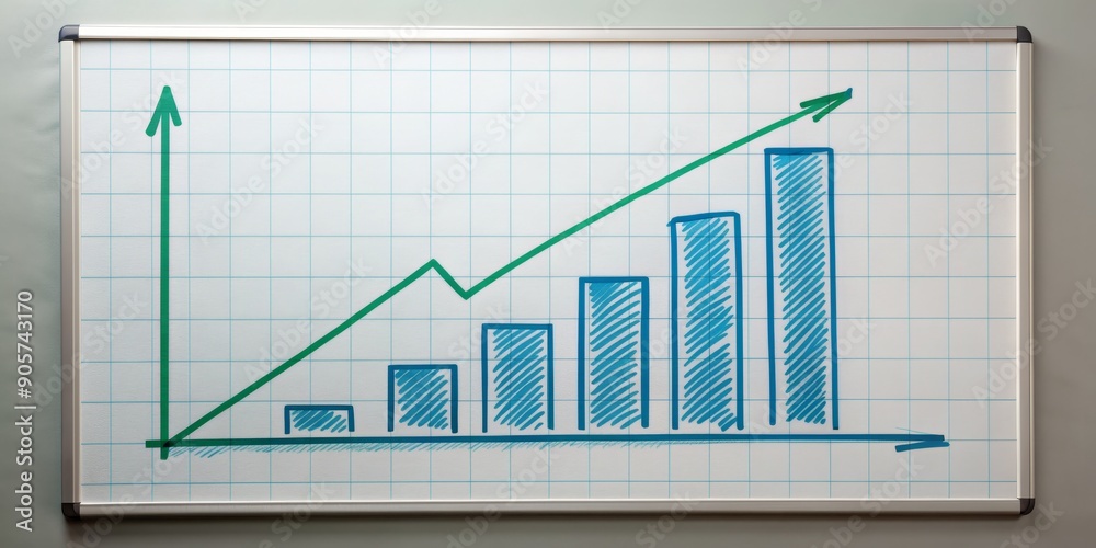 Hand Drawn Green Upward Trend Line with Blue Bars on Whiteboard ...