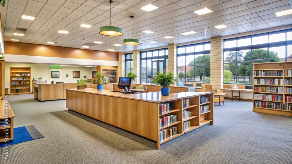 Modern Library Interior Design with Wooden Bookcase, Window View and ...