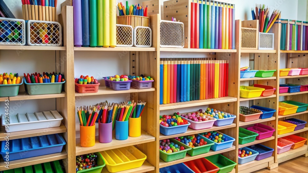 Rainbow of Supplies in a Classroom Shelf, classroom supplies, school ...