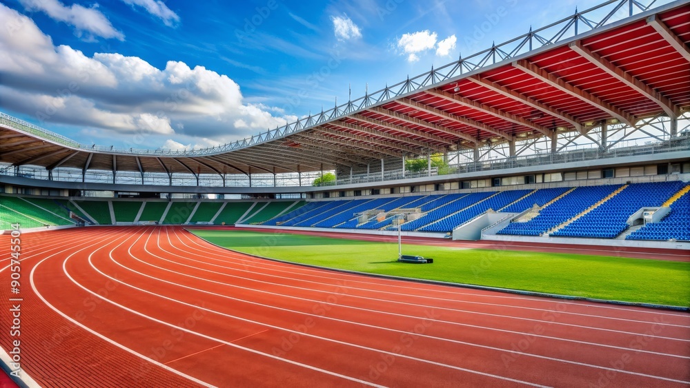 Wide Angle View of an Empty Stadium with Red Running Track, Blue Seats ...