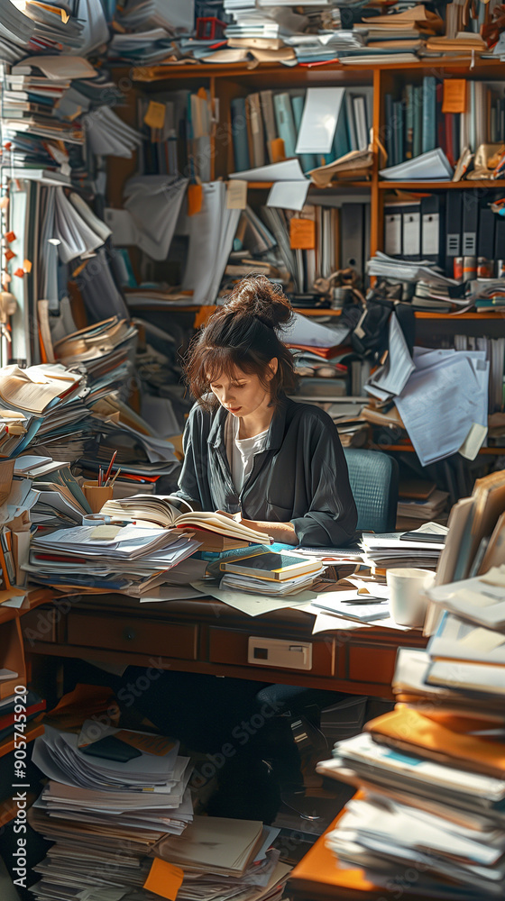 A cluttered and chaotic office, overflowing with papers and files ...