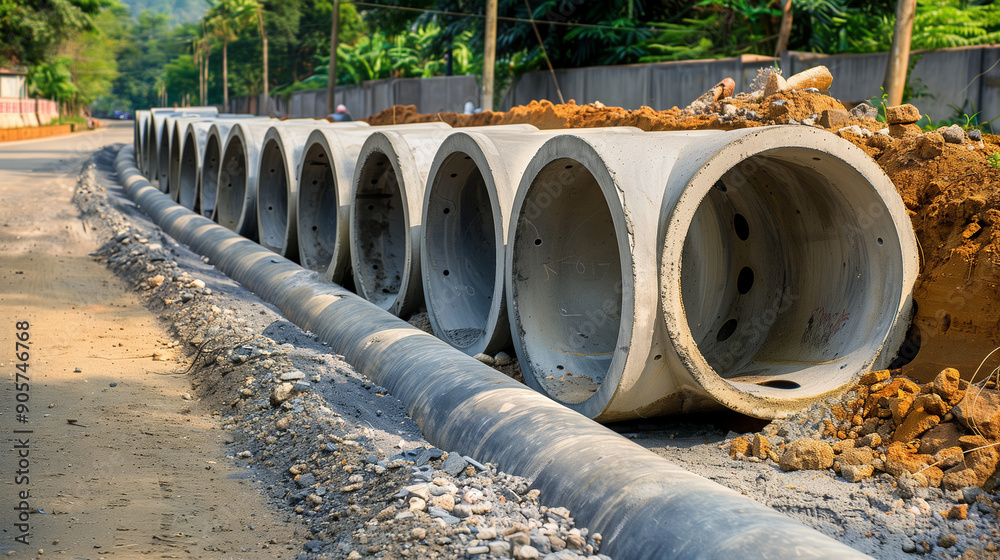 Concrete drainage pipes are being installed along city roads to improve ...