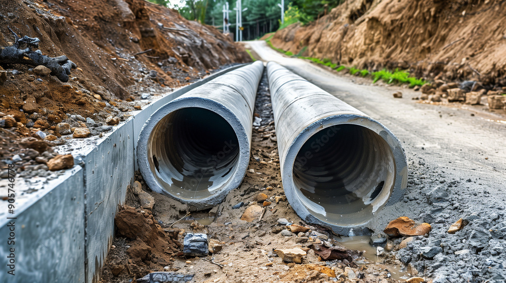 Concrete drainage pipes are being installed along city roads to improve ...