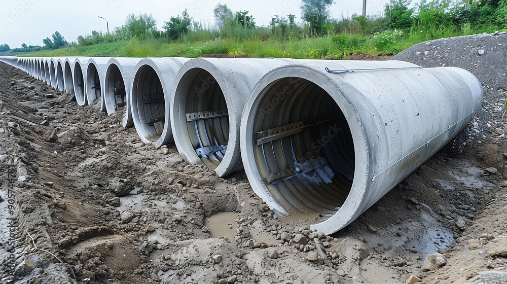 Concrete drainage pipes are being installed along city roads to improve ...