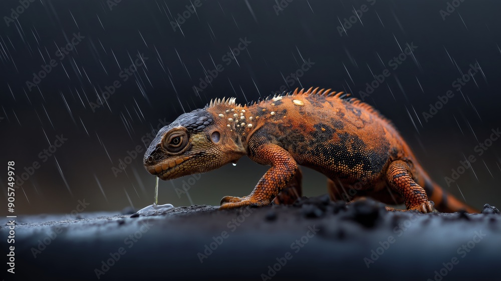 Vibrant Lizard Crawling in the Rain on Dark Surface - Striking Wildlife ...