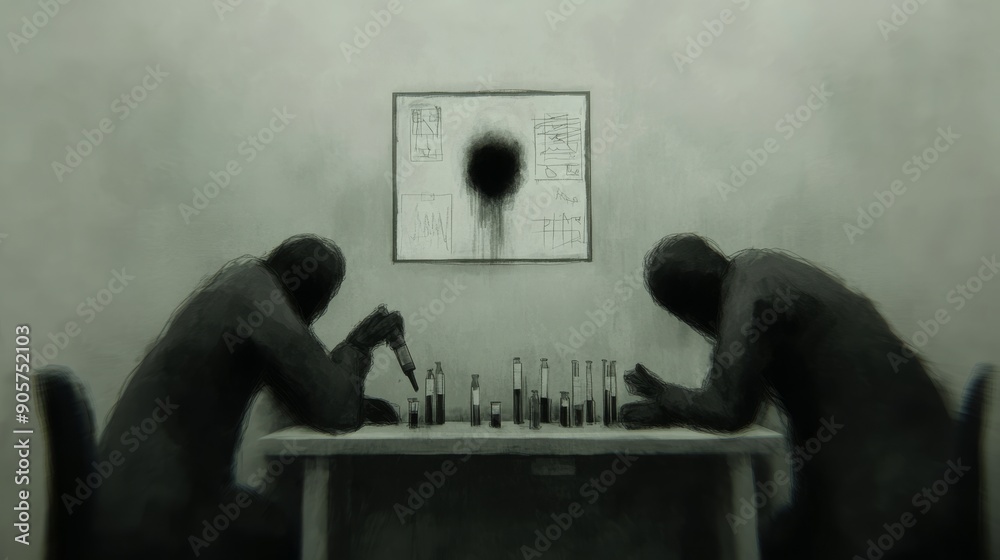 Lofi illustration of a small lab with scientists working on experiments ...