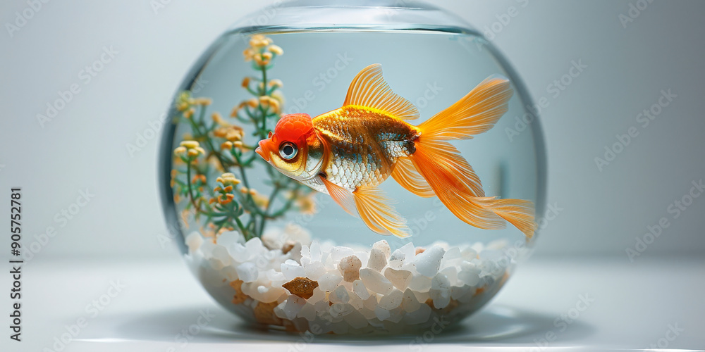 Goldfish swimming in a round fishbowl with white pebbles and aquatic ...