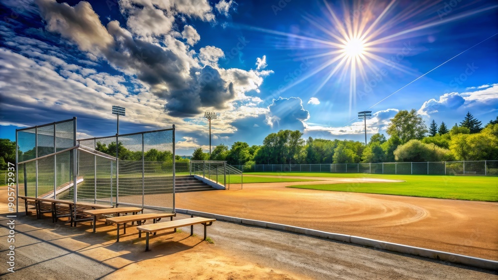 Sun-Drenched Baseball Field with Benches and Bright Sky, baseball field ...