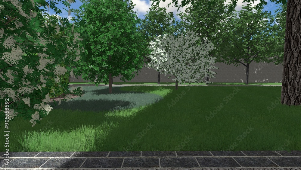 3d image of the landscape design of the home territory. Landscaping of ...