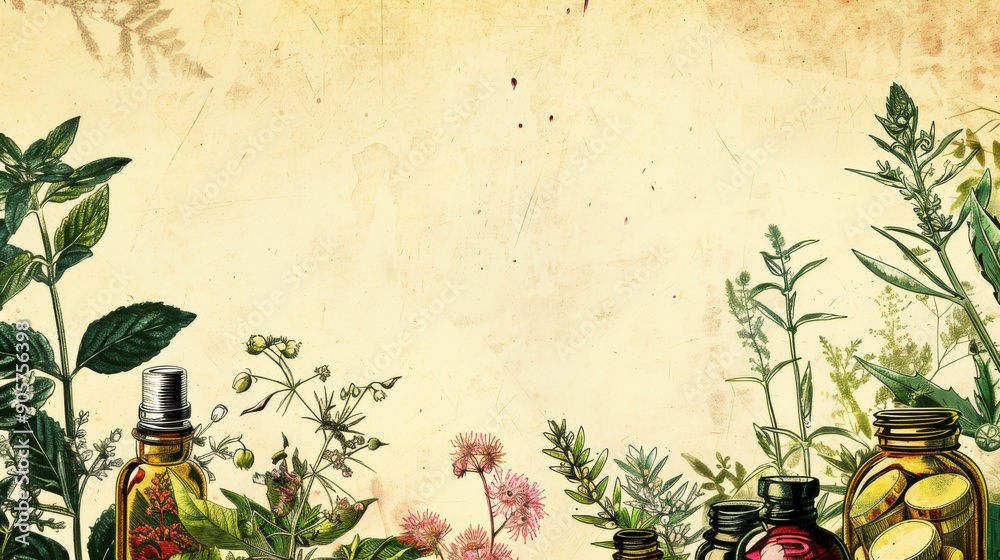 Vintage postcard. Herbal Medicine. Template with different species of ...