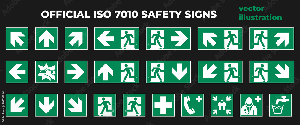 Official ISO 7010 safety signs vector drawings.Green emergency exit ...