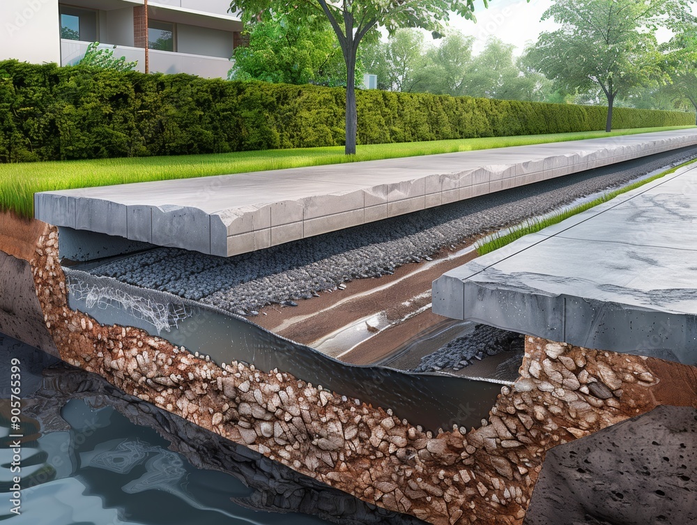 Detailed illustration of a road construction process showing layers of ...