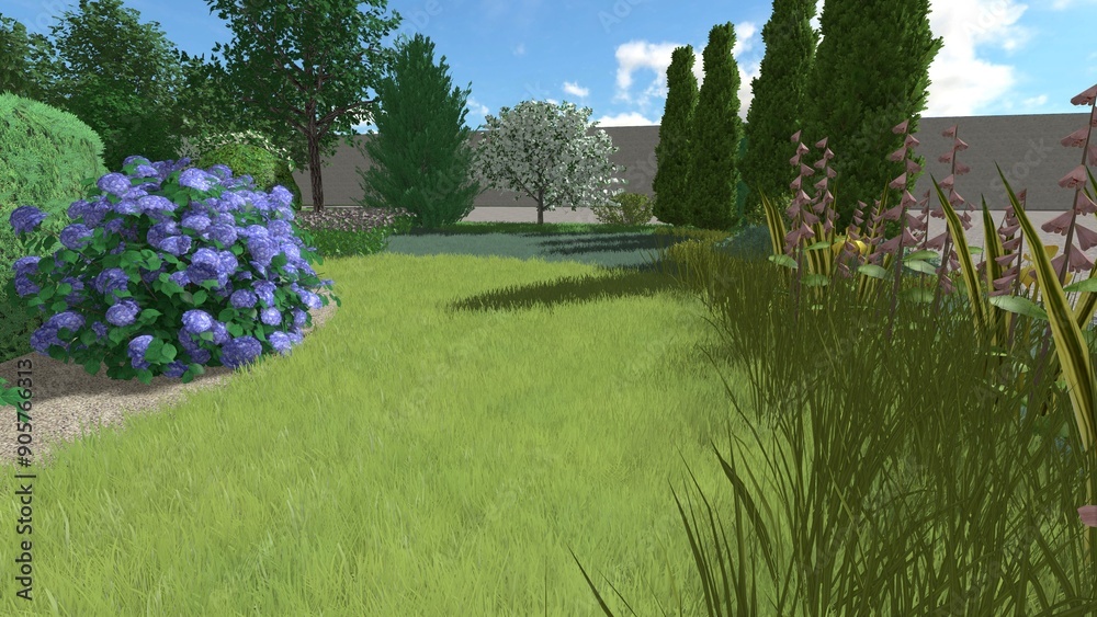 3d image of the landscape design of the home territory. Landscaping of ...