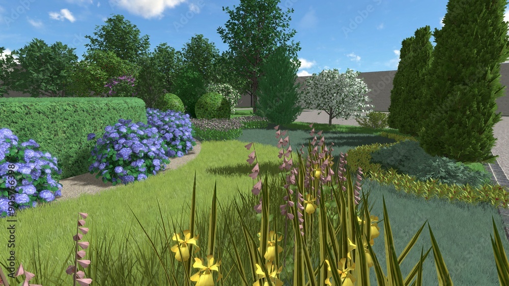 3d image of the landscape design of the home territory. Landscaping of ...
