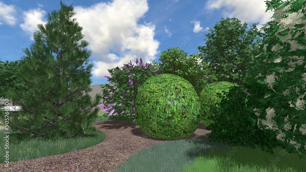 3d image of the landscape design of the home territory. Landscaping of ...