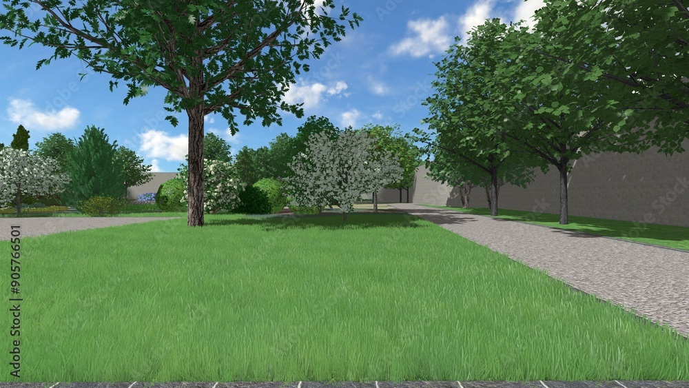 3d image of the landscape design of the home territory. Landscaping of ...