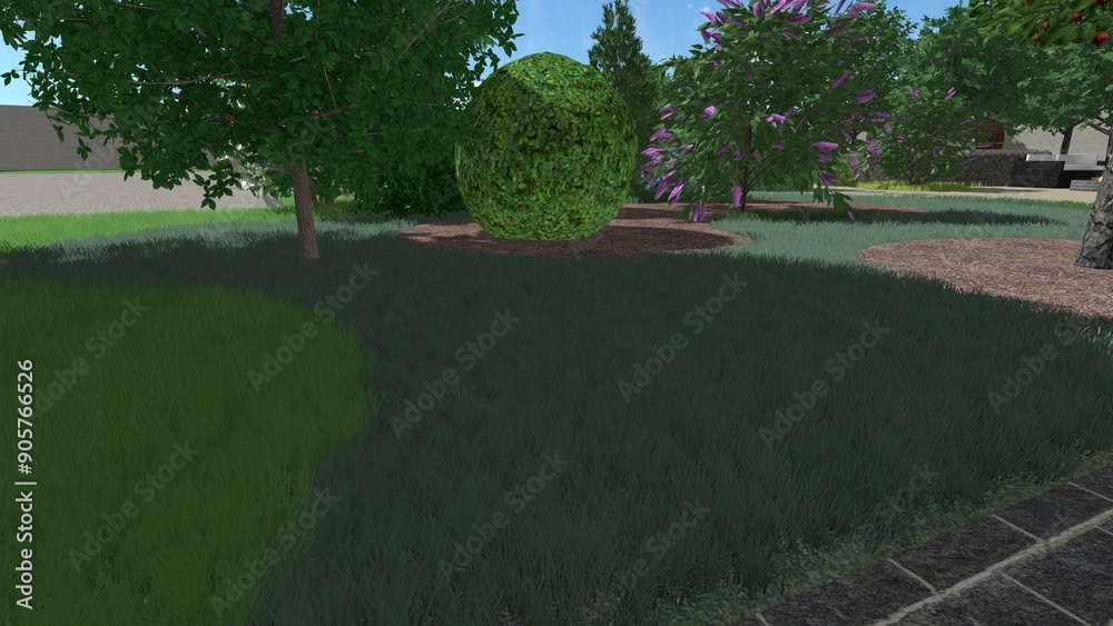 3d image of the landscape design of the home territory. Landscaping of ...
