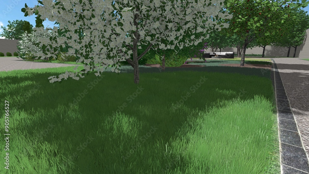 3d image of the landscape design of the home territory. Landscaping of ...