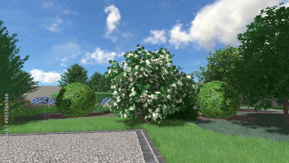 3d image of the landscape design of the home territory. Landscaping of ...