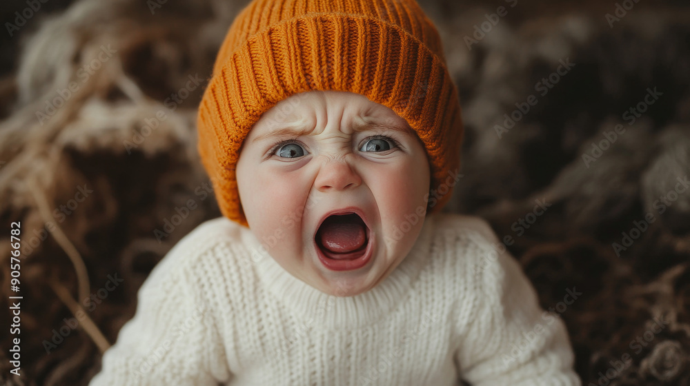 A close-up photo of a baby wearing a knitted orange hat and a white ...