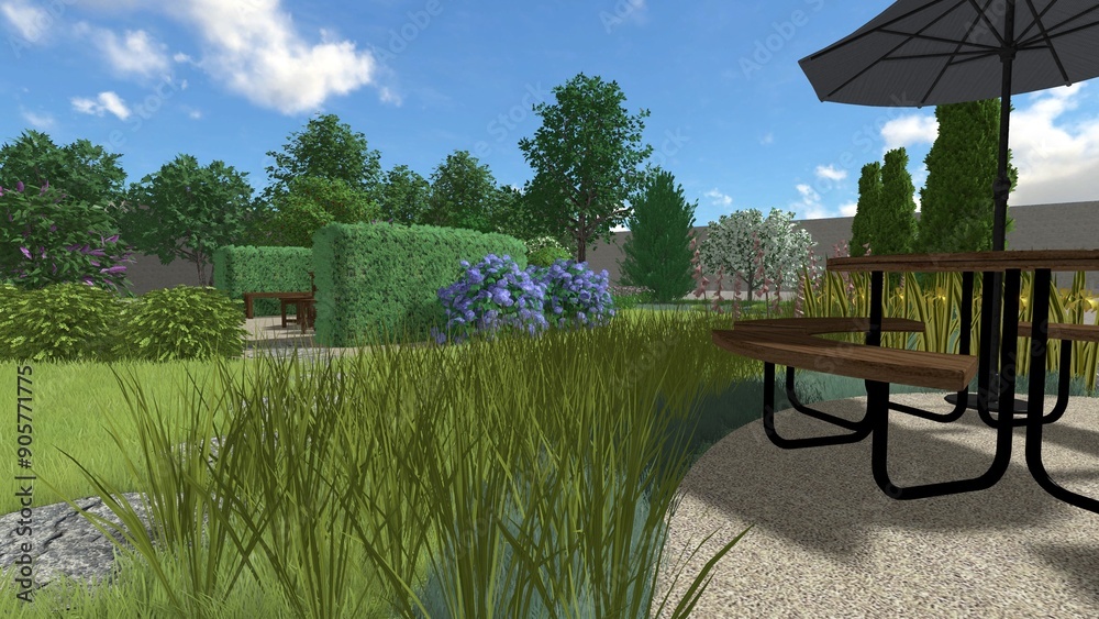 3d image of the landscape design of the home territory. Landscaping of ...