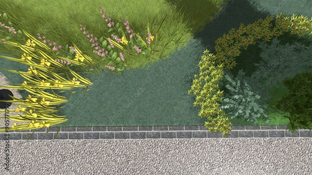 3d image of the landscape design of the home territory. Landscaping of ...