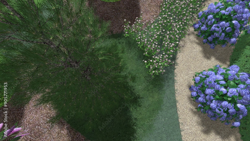 3d image of the landscape design of the home territory. Landscaping of ...