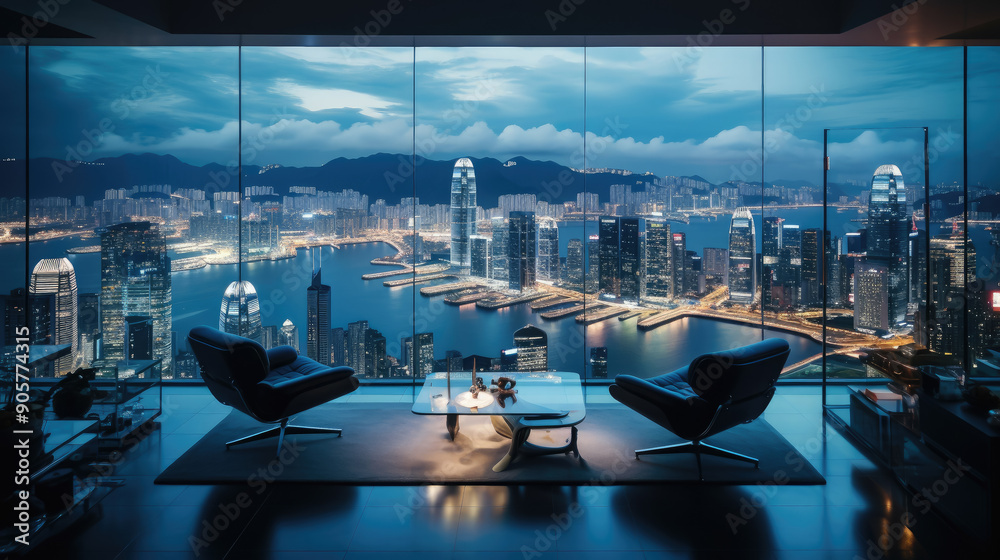 apartment in a skyscraper with panoramic windows and views of Hong Kong ...