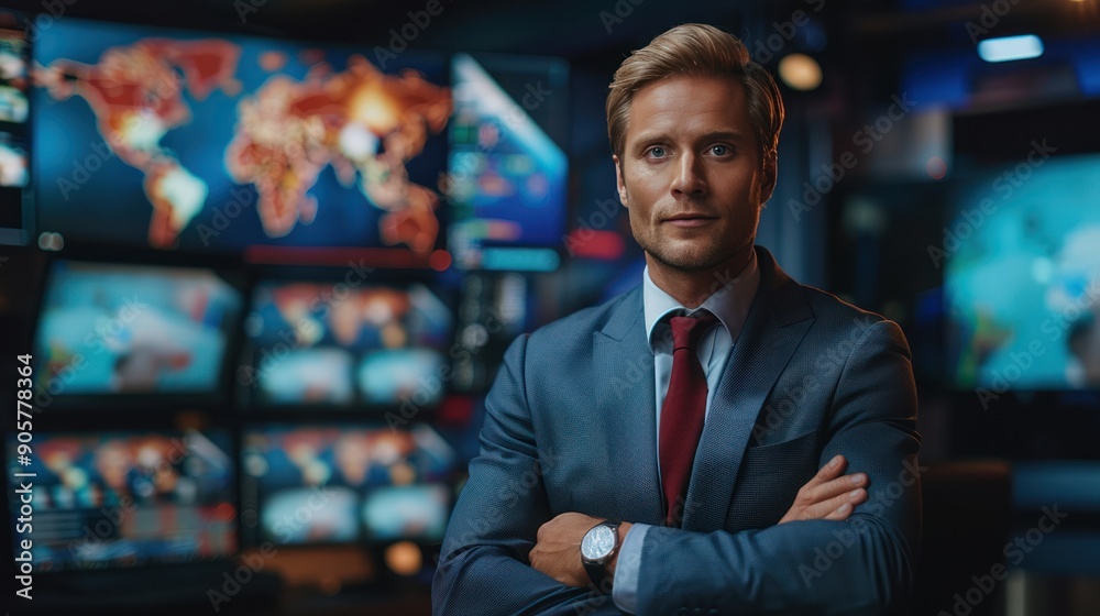 Male TV Anchor Reporting Weather Forecast with Map in News Studio Stock ...