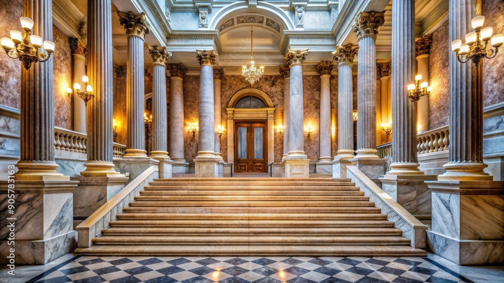 Grand Staircase with Marble Columns and Checkered Floor, Architecture ...