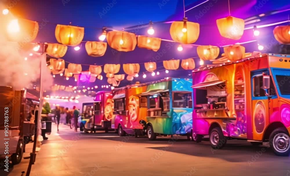 Food Truck Row: Move through a row of diverse and colorful food trucks ...
