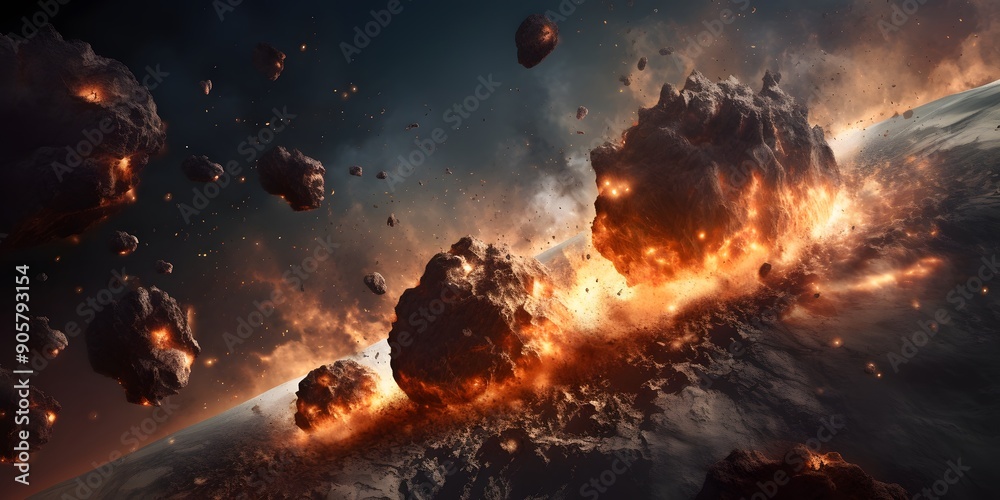 Burning exploding asteroids approaching planet earth, Group of burning ...