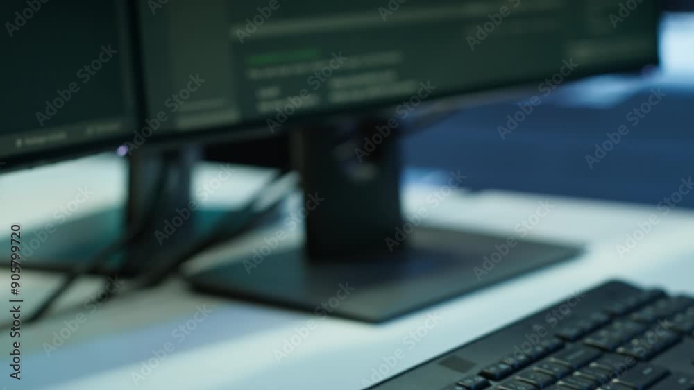 Extreme close up shot of computer displays on desk in server farm used for overseeing equipment ...