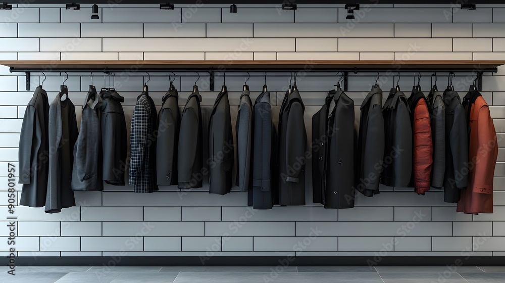 Display of black and gray dress clothes in a modern store, white tile ...