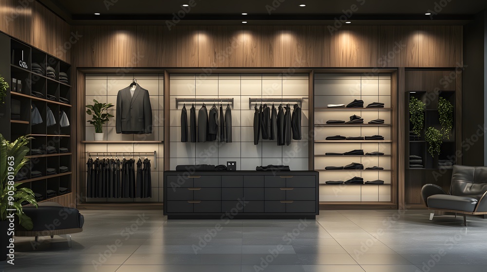 Display of black and gray dress clothes in a modern store, white tile ...