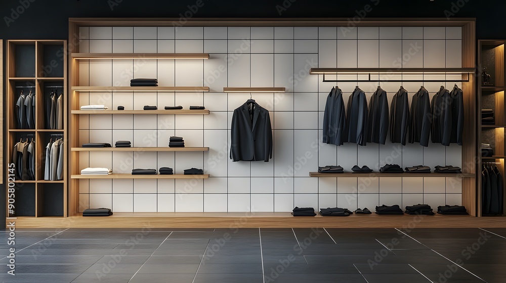 Contemporary shop display with black and gray dress clothes, white ...