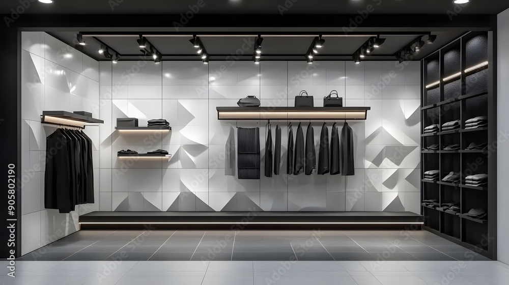 Contemporary shop display with black and gray dress clothes, white ...