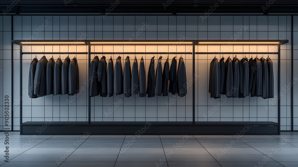 Display of black and gray dress clothes in a sleek modern shop, white ...