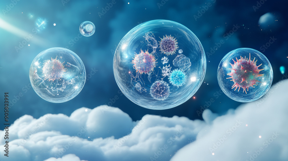 A digital illustration of various cells within floating bubbles in a ...