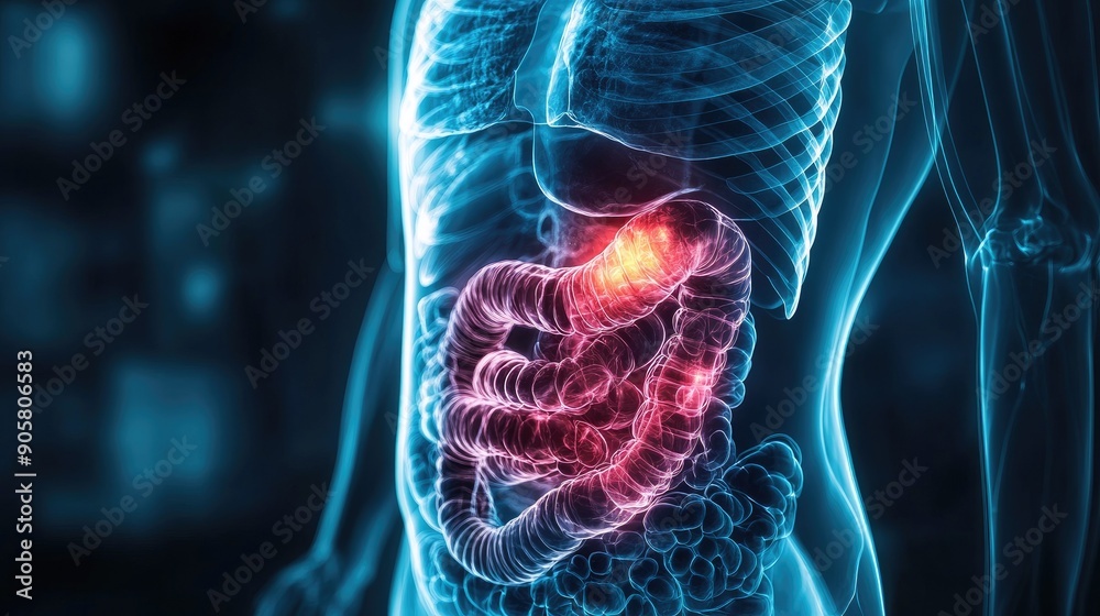 Detailed X-ray of the human digestive system, highlighting the stomach ...